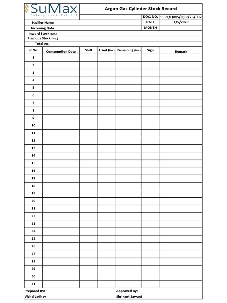 Argon Gas Cylinder Stock Record: SEPL/QMS/QSP/25/F02 | PDF