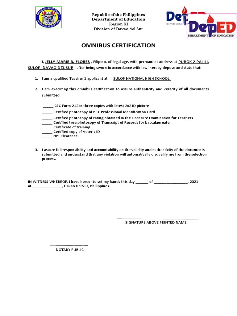 Omnibus Certification: Department of Education | PDF | Government ...
