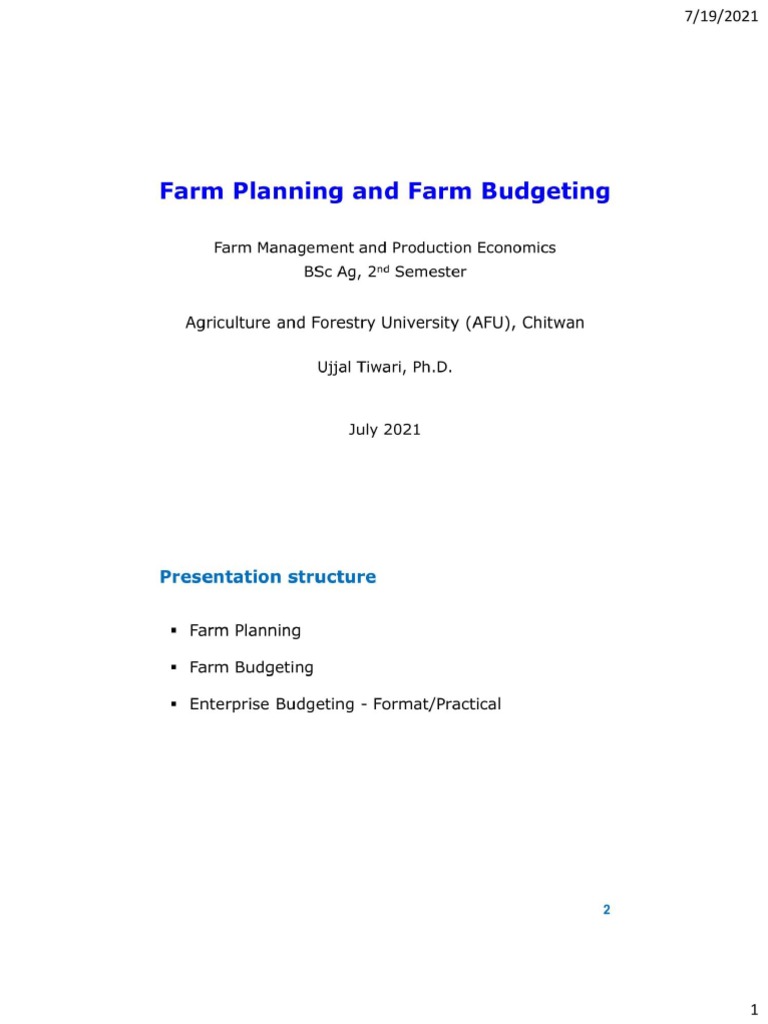 Farm Planning and Budgeting (BSC Ag., 2nd Sem, AFU) | PDF