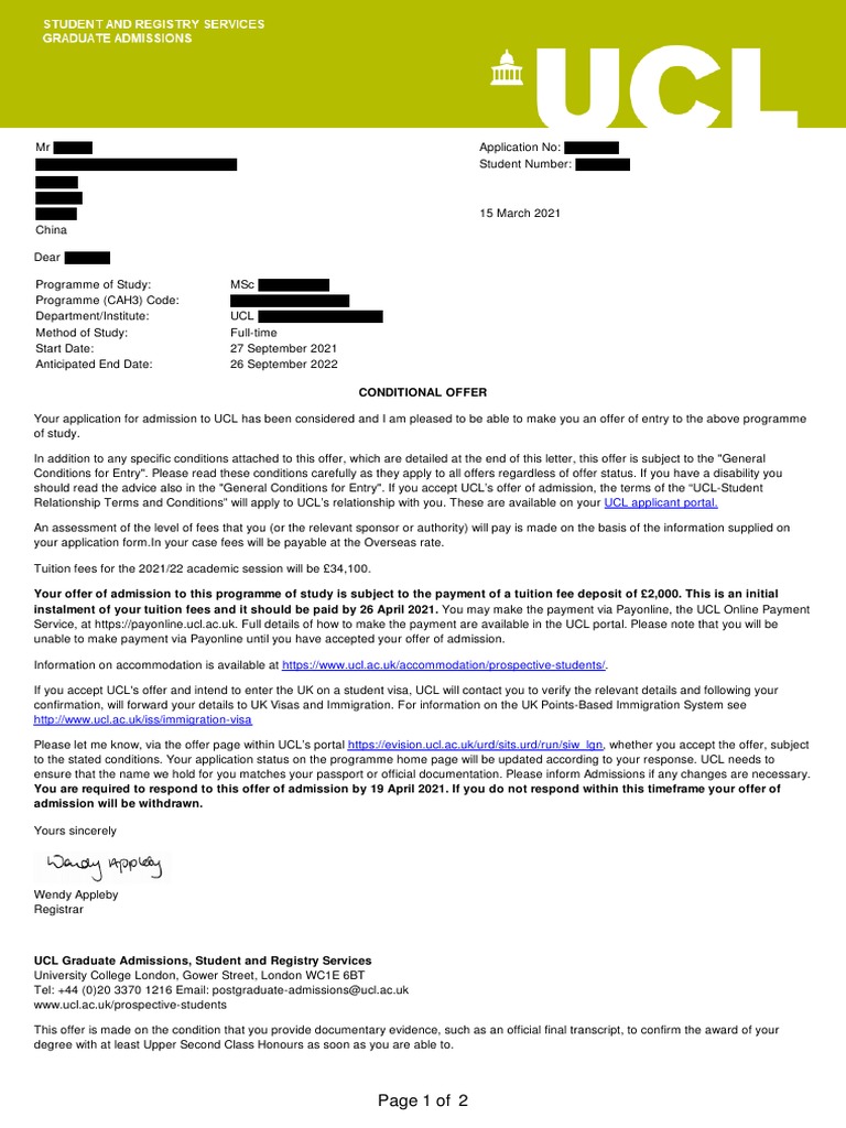 Mr. Z Yang's Conditional Offer Letter for the MSc Management Program at ...