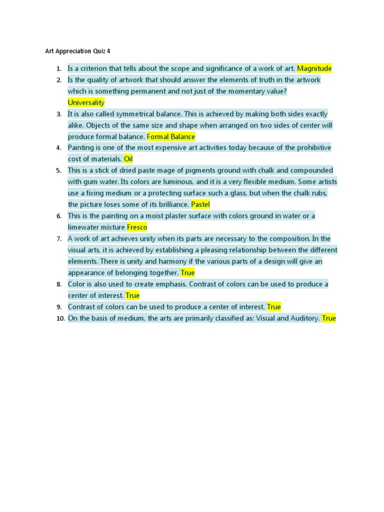 Art Appreciation Quiz Insights | PDF | Language Arts & Discipline | Art