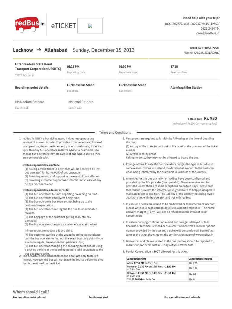 RedBus Ticket Details and Cancellation Policy | PDF | Ticket (Admission ...