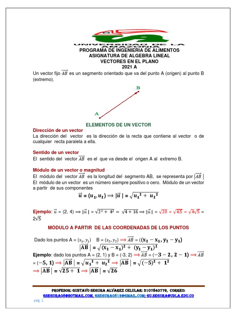 Contenido y Taller de Vectores en El Plano 2021 A | PDF | Vector Euclidiano | Sistema coordinado