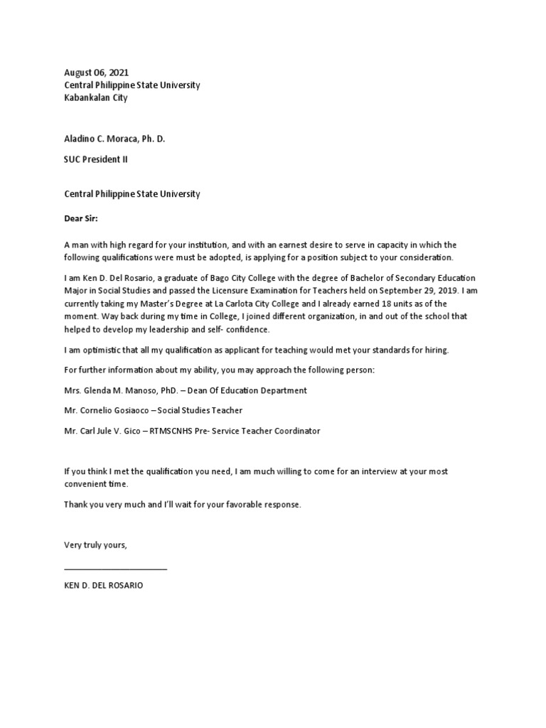 Application Letter - Ken D. Del Rosario - CPSU KAB | PDF