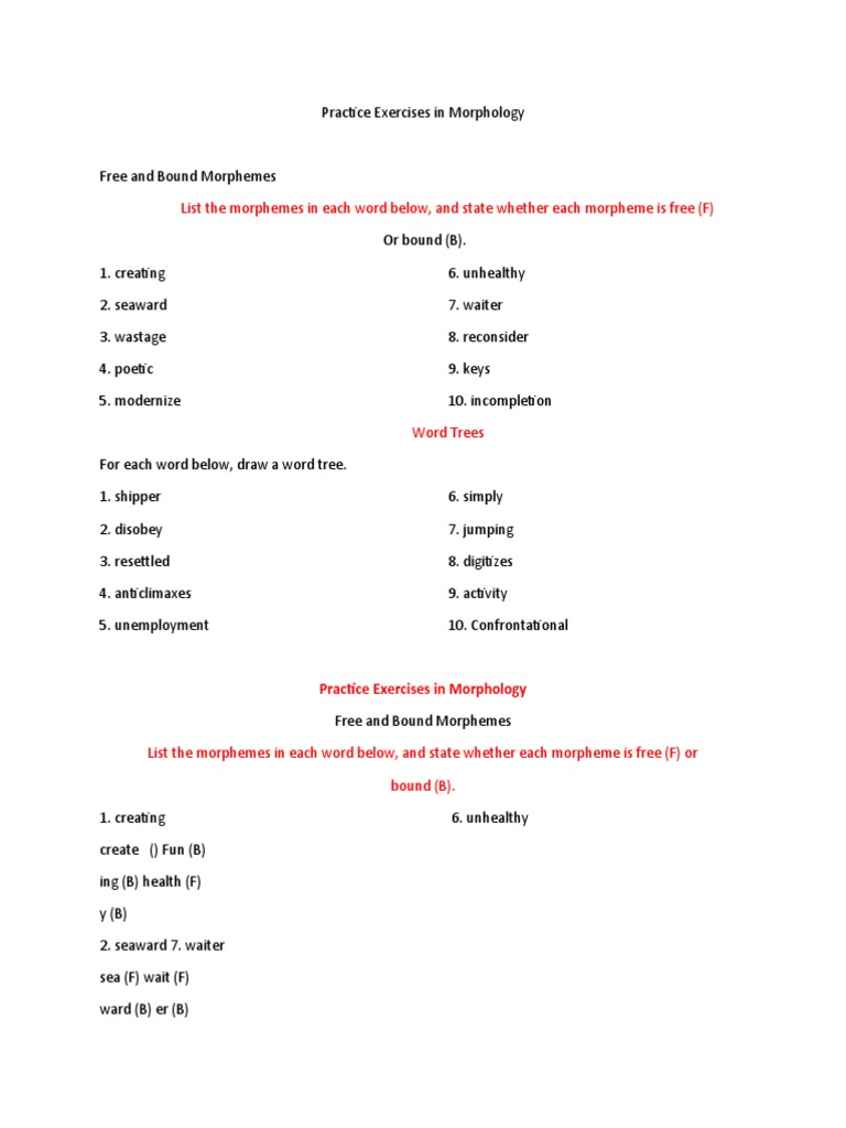 List The Morphemes in Each Word Below, and State Whether Each Morpheme ...