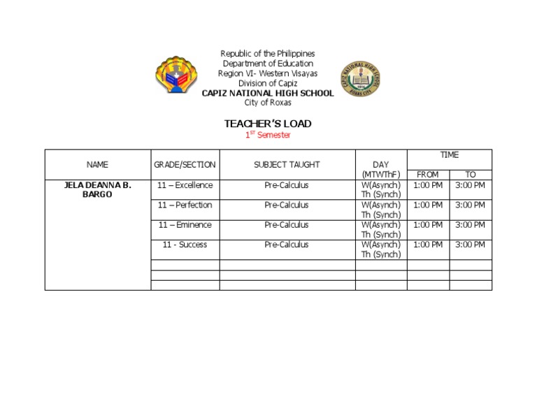 Teacher'S Load: Capiz National High School | PDF