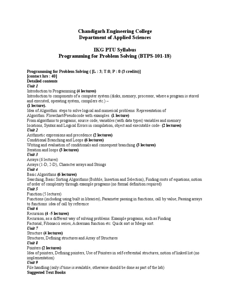 Programming For Problem Solving Syllabus Pdf Subroutine Algorithms 8038