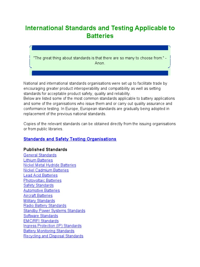International Standards and Testing Applicable To Batteries | PDF ...