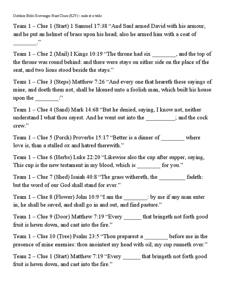 Outdoor Bible Scavenger Hunt Clues | PDF | David | Throne