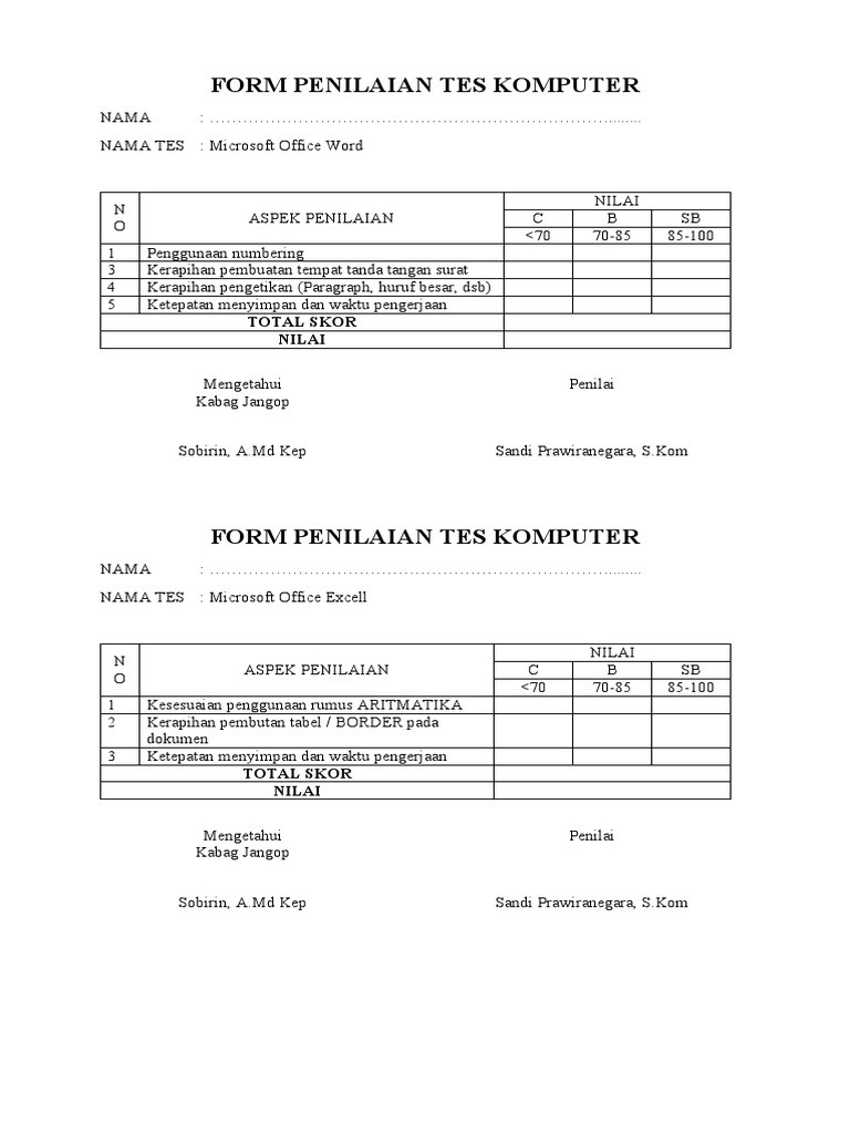 Form Penilaian Tes Komputer | PDF