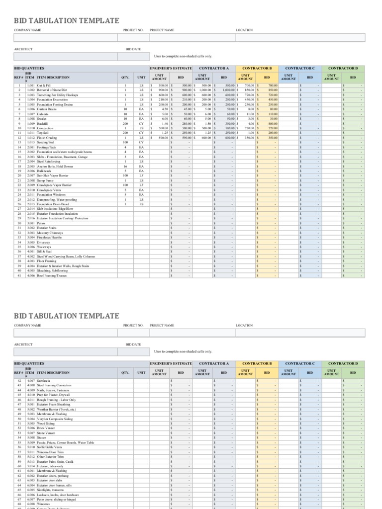 Bid Tabulation Template: Bid Quantities Engineer'S Estimate Contractor ...