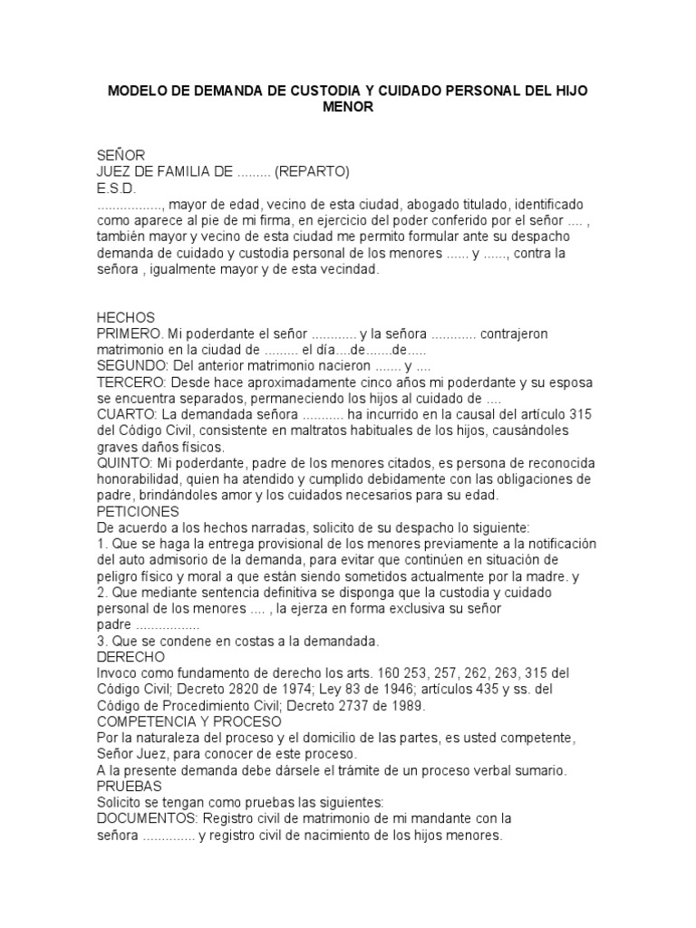 Demanda de Custodia de Menores | PDF | Demanda judicial | Gobierno