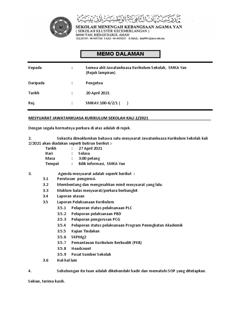 Memo Dalaman SP Mesy JKS Kali 2 2021 | PDF