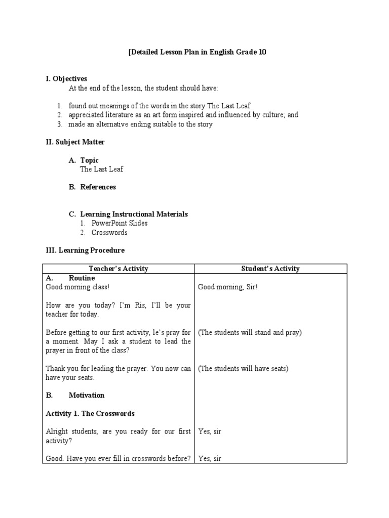 Detailed Lesson Plan Grade 10 - Topic The Last Leaf - KRFSP | PDF | O ...