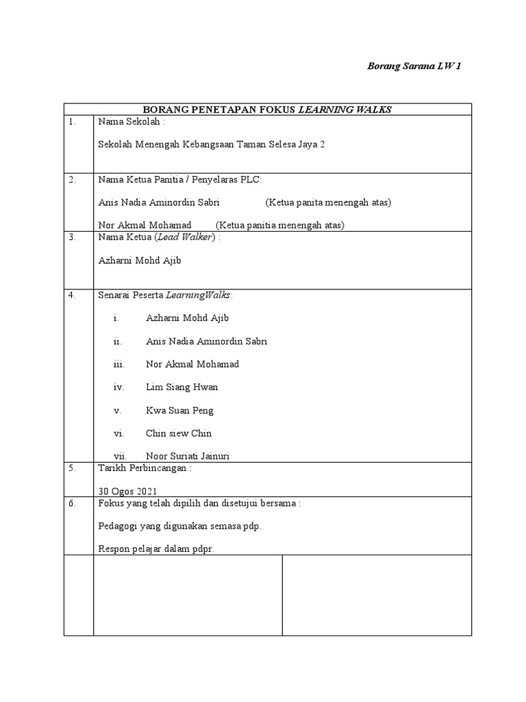 Borang Learning Walks 30 Ogos | PDF