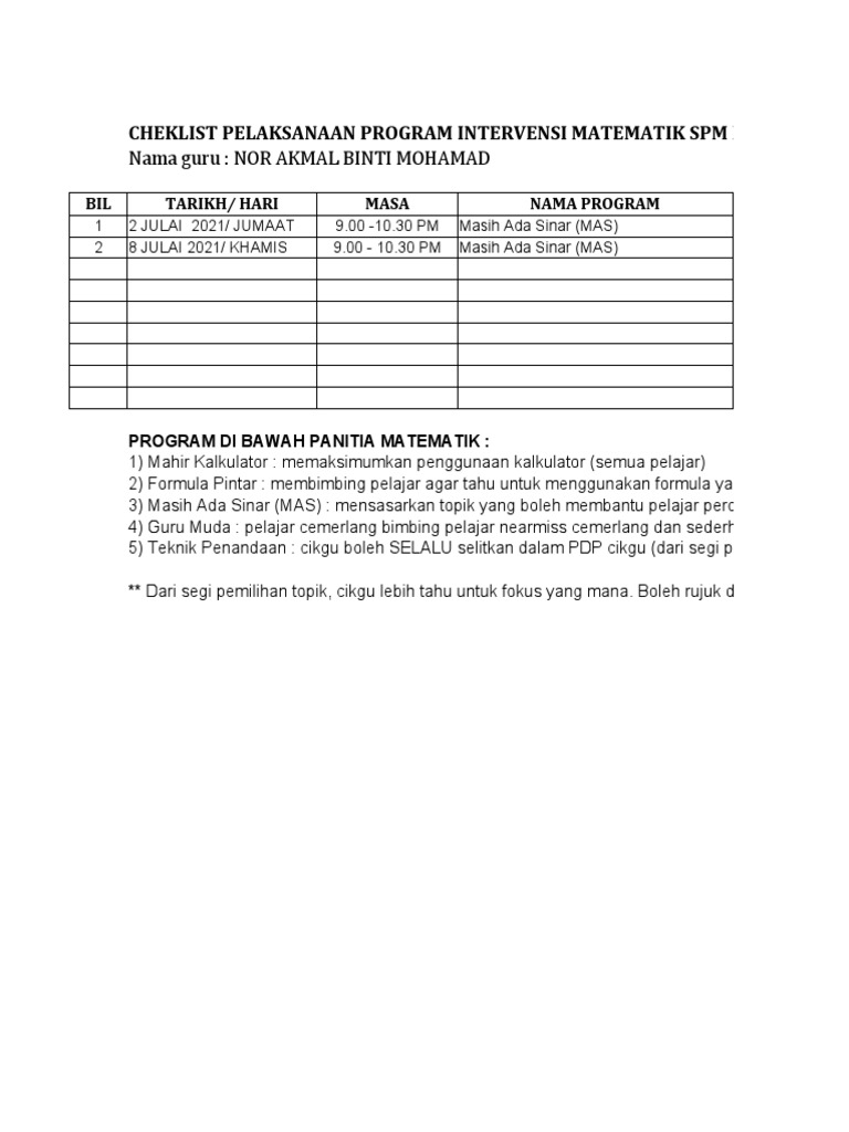 Checklist Program Intervensi SPM 2021 (5F) | PDF | Karier ...