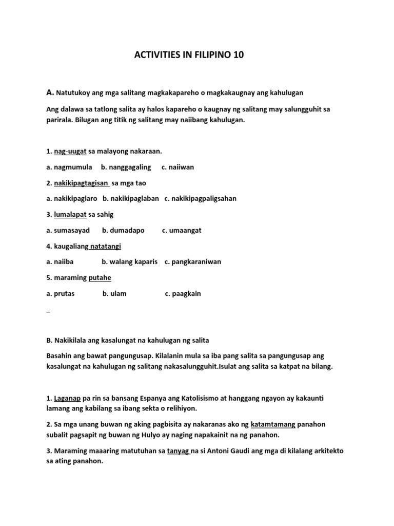Activities in Filipino 10 | PDF