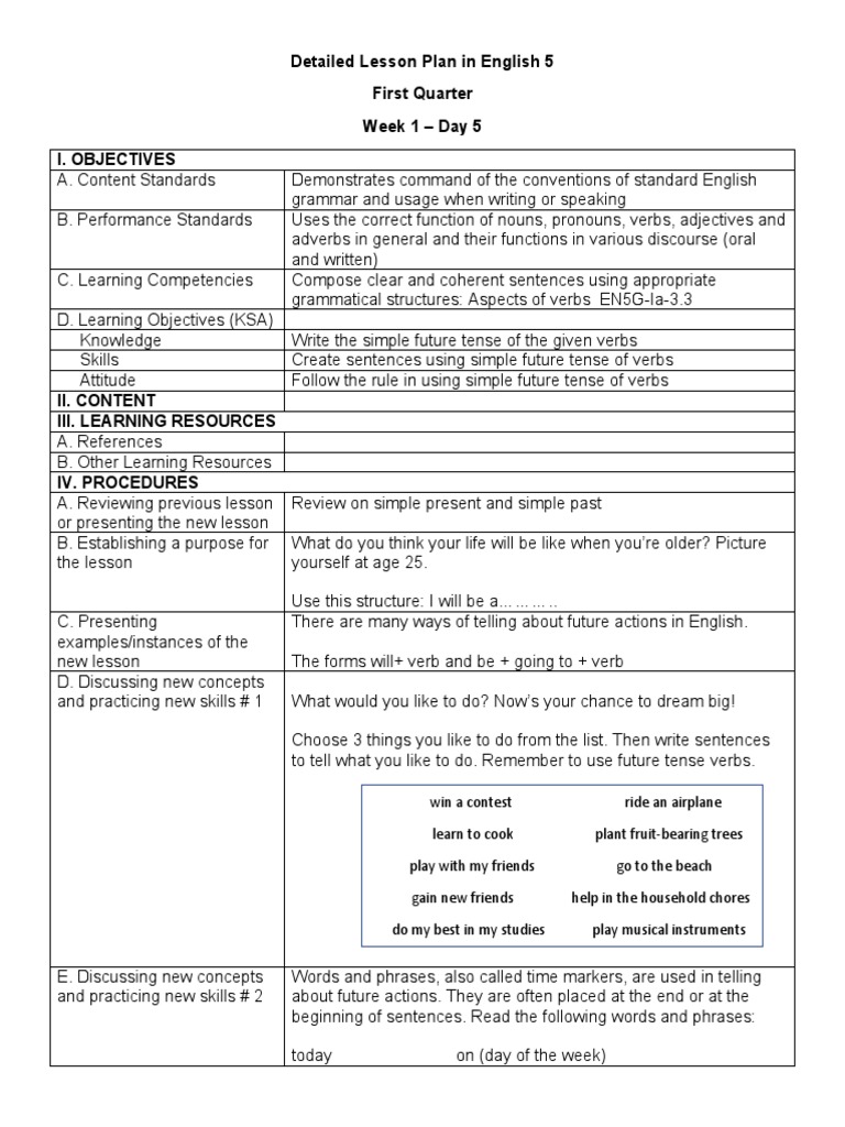 Detailed Lesson Plan in English 5 First Quarter Week 1 - Day 5 I ...