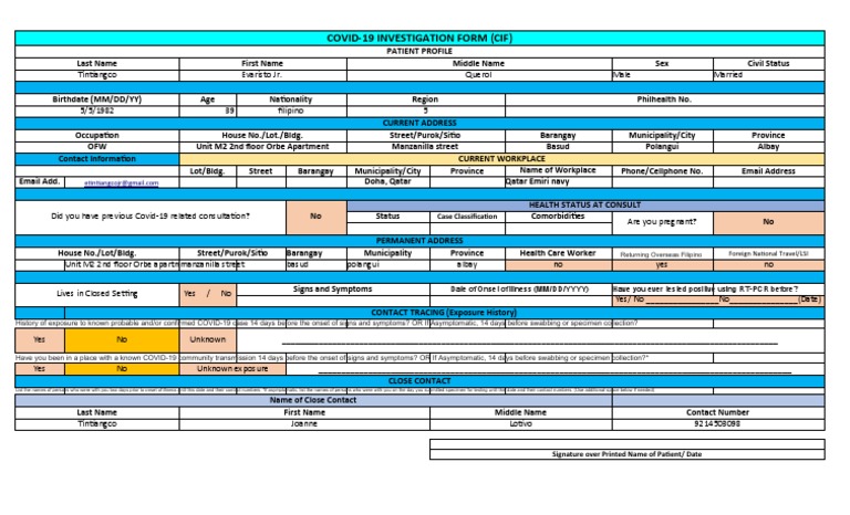 Covid-19 Investigation Form (Cif) : Case Classification | PDF ...