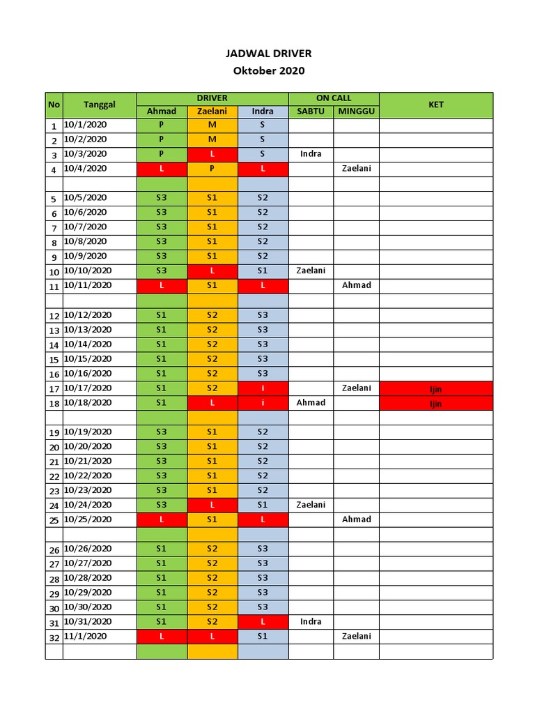 Jadwal Driver Oktober 2020: No Tanggal Driver On Call KET Ahmad Zaelani ...
