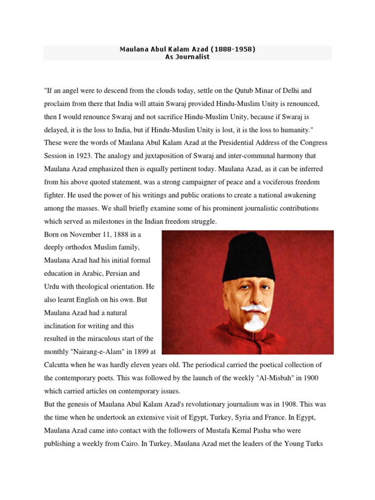 Maulana Abdul Kalam Azad As A Journalist | PDF | Indian Independence ...