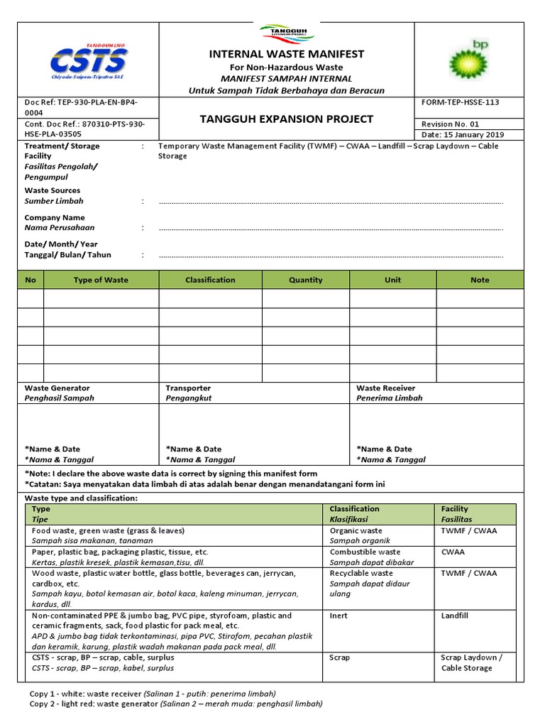 Appendix 1 - Internal Non-Haz. Waste Manifest - A5 | PDF | Plastic | Nature