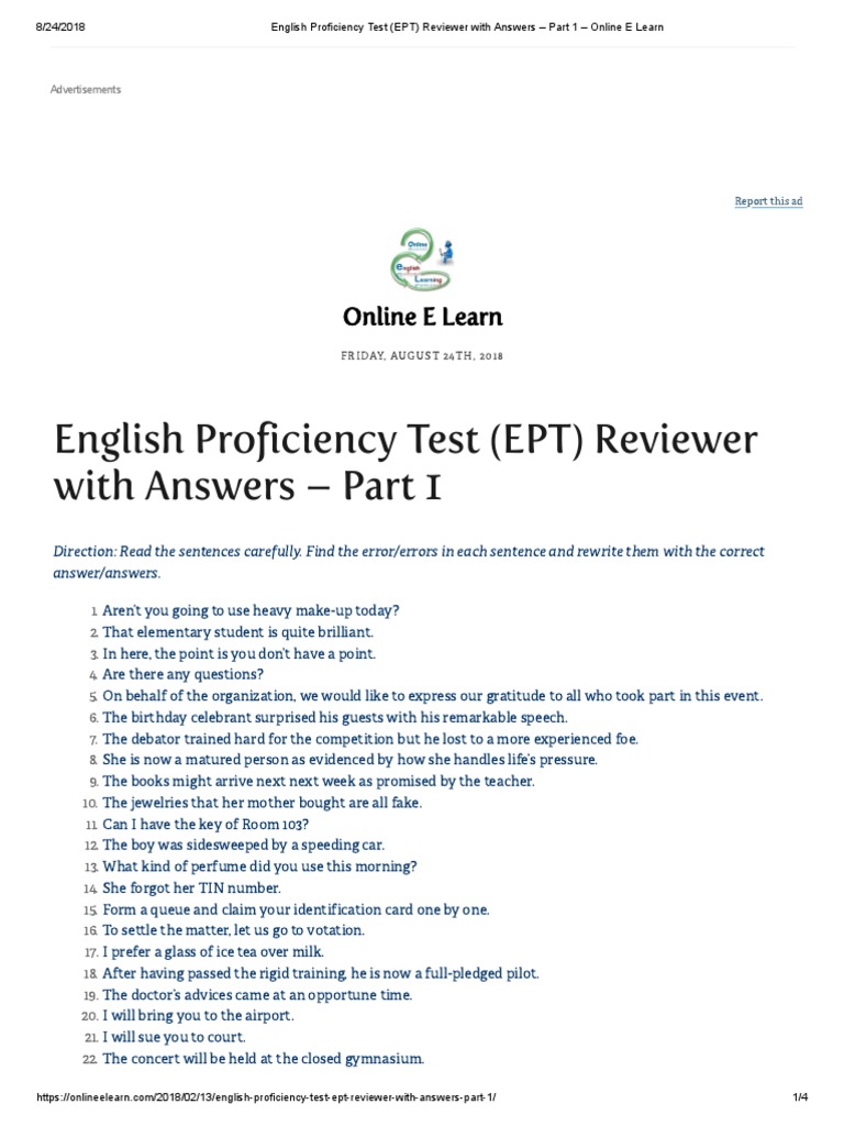 English Proficiency Test (EPT) Reviewer With Answers - Part 1 - Online ...