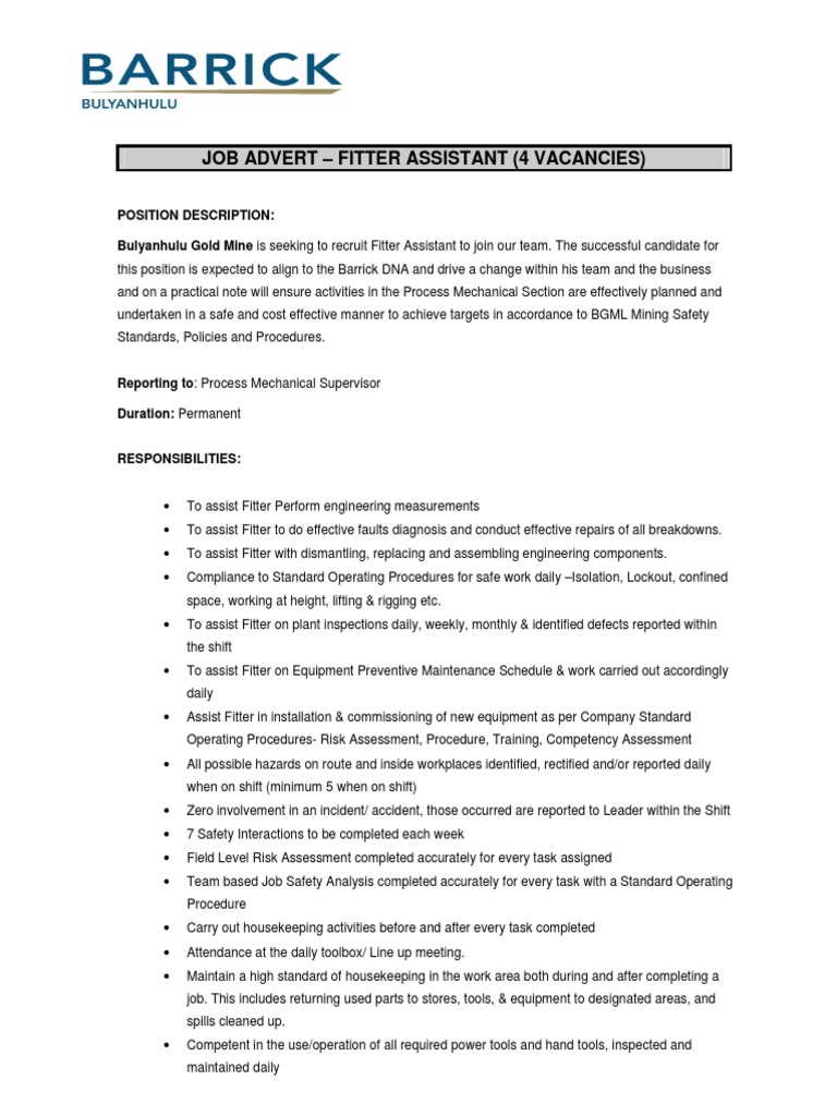 Fitter Assistant Job Openings at BGML | PDF | Safety | Business