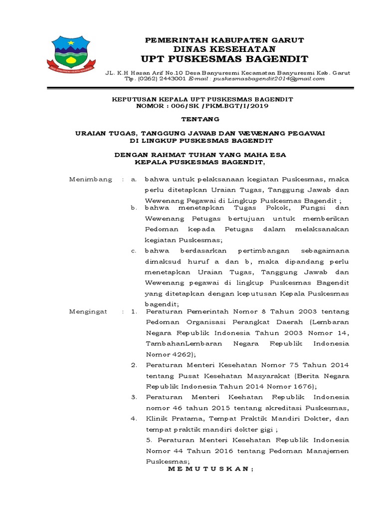 SK Uraian Tugas, Tanggungjawab Dan Wewenang Sesuai Struktur Organisasi | PDF | Bisnis