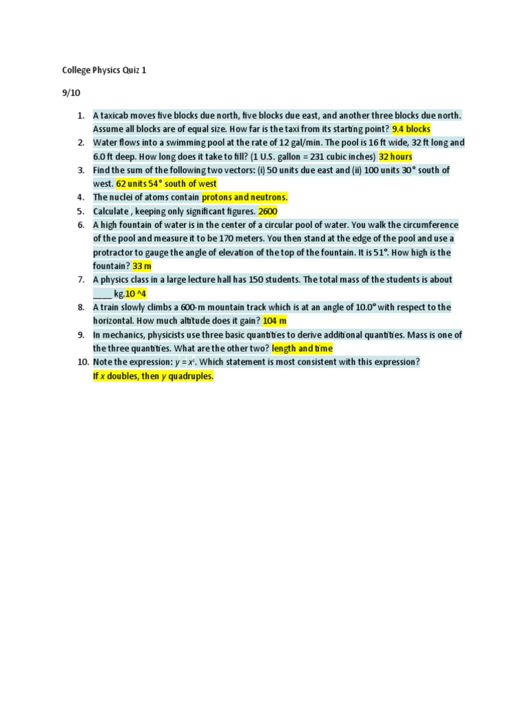 College Physics Quiz 1 Overview | PDF