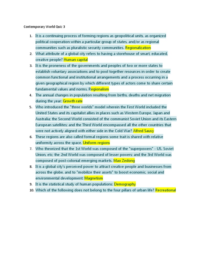 Contemporary World Quiz 3 | PDF