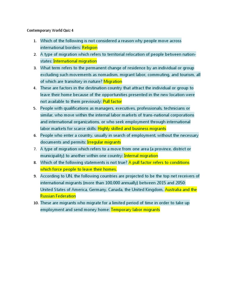 Contemporary World Quiz 4 | PDF