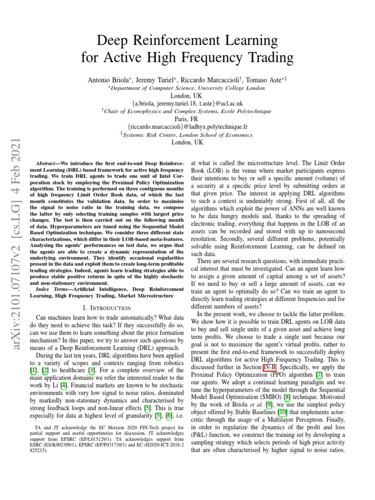 Deep Reinforcement Learning for Profitable High Frequency Trading ...