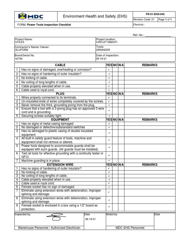 MDC - Power Tools Inspection Checklist FR-01-EHS-045-Rev.0 | PDF ...