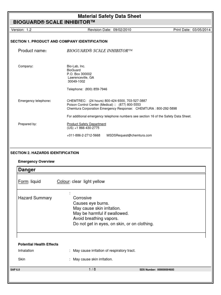 Bioguard Scale Inhibitor Msds | PDF | Firefighting | Water
