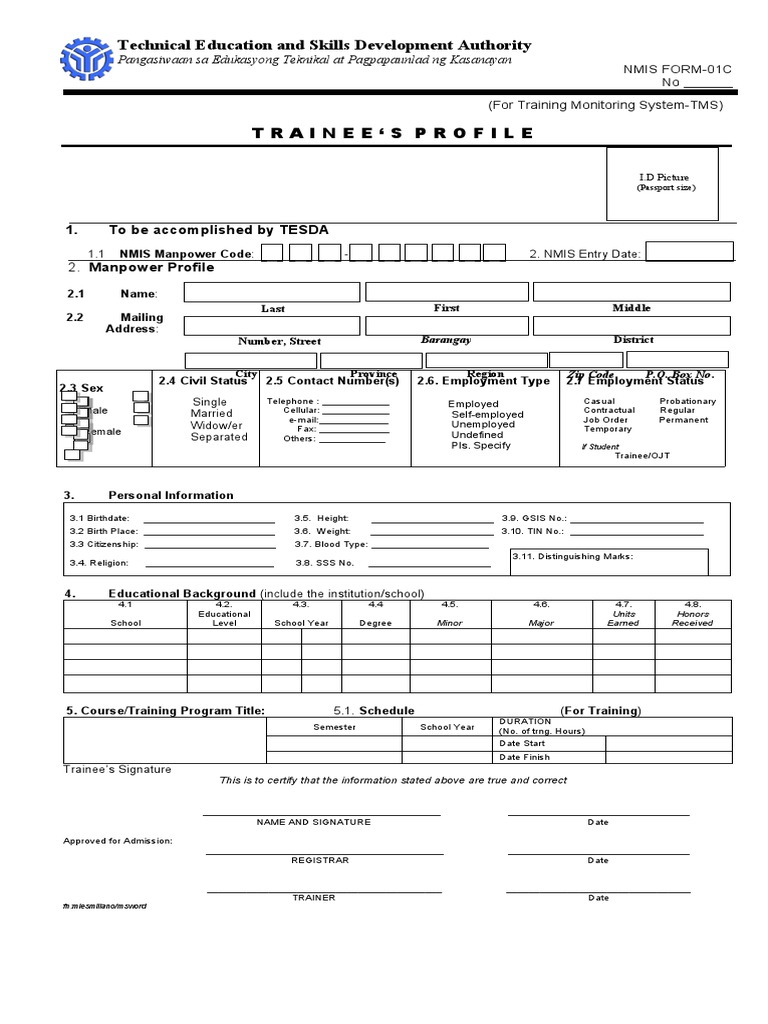 Trainees Profile Form Nmisdoc | PDF