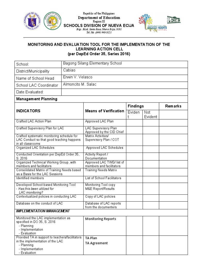 Template 9 - Lac Monitoring and Evaluation Tool 1 | PDF | Pedagogy | Teachers