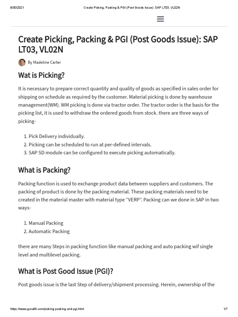 Create Picking, Packing & PGI (Post Goods Issue) - SAP LT03, VL02N | PDF | Delivery (Commerce ...