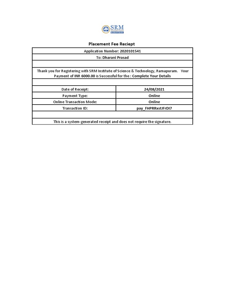 Placement Fee Reciept: 24/08/2021 Online Online Pay - Fhprrxstjfrdi7 | PDF