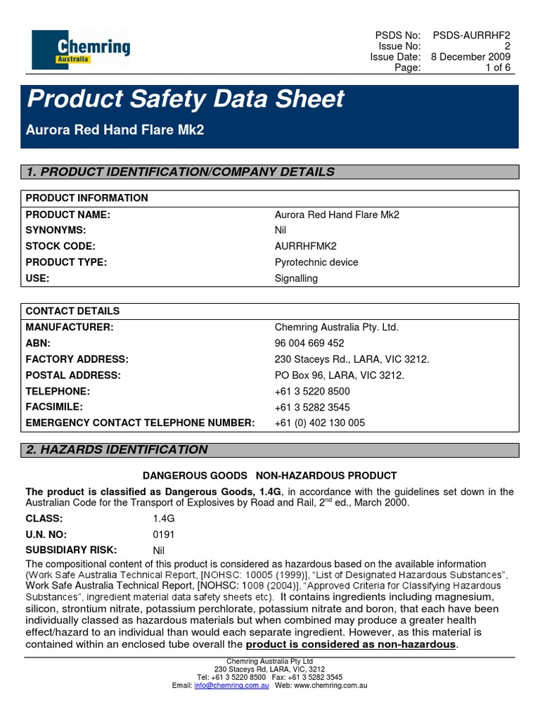 Product Safety Data Sheet for the Aurora Red Hand Flare Mk2 | PDF ...