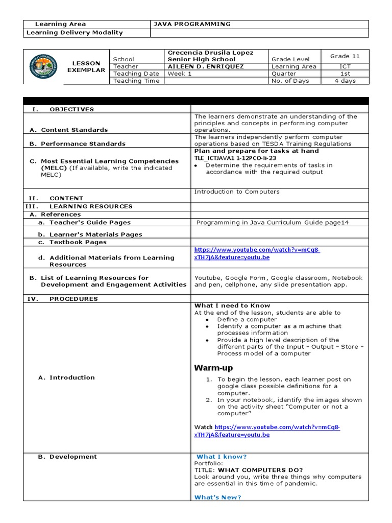 Lesson Exemplar Java Programming ENRIQUEZ | PDF | Malware | Educational ...