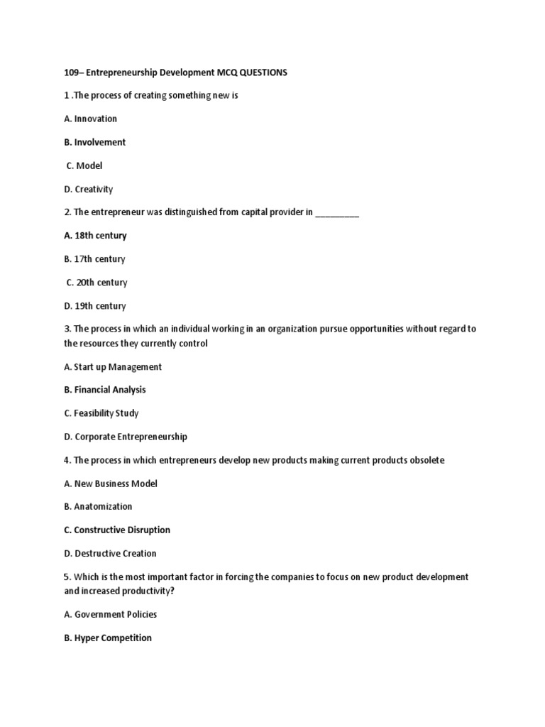 109 - Entrepreneurship Development MCQ QUESTIONS | PDF ...