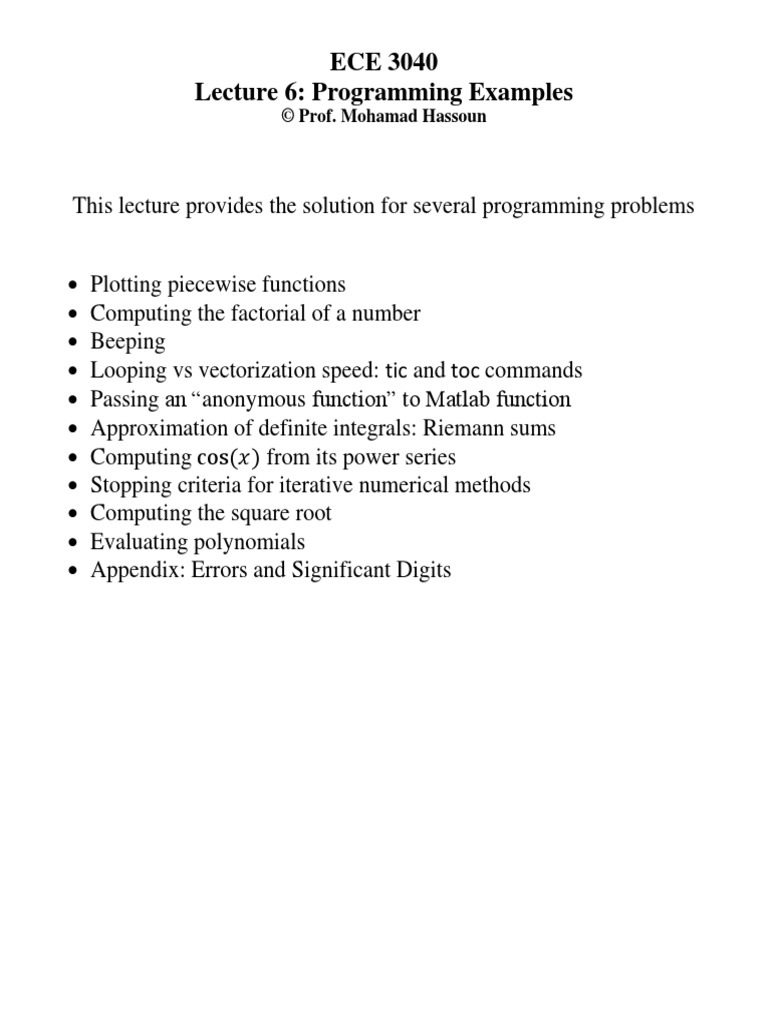ECE 3040 Lecture 6: Programming Examples: © Prof. Mohamad Hassoun | PDF | Applied Mathematics ...