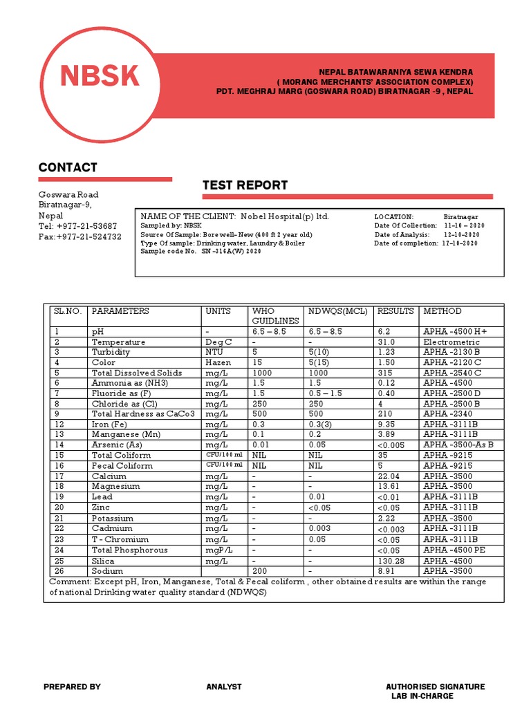 Water Report Format | PDF | Magnesium | Manganese