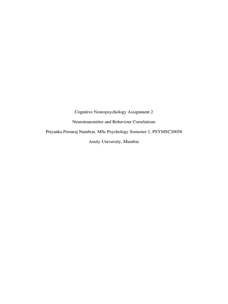 CNP Assignment 2 - Priyanka Premraj Nambiar PSYMSC20058 | PDF | Neurotransmitter | Serotonin