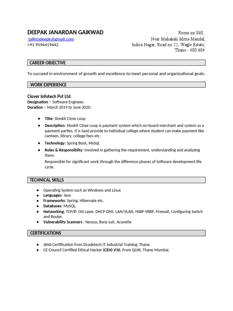 Deepak CV | PDF | Computer Engineering | Computer Networking