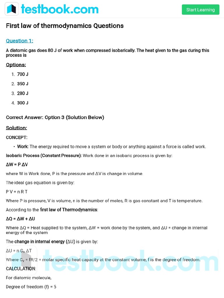 First+law+of+thermodynamics MCQ by Testbook | PDF
