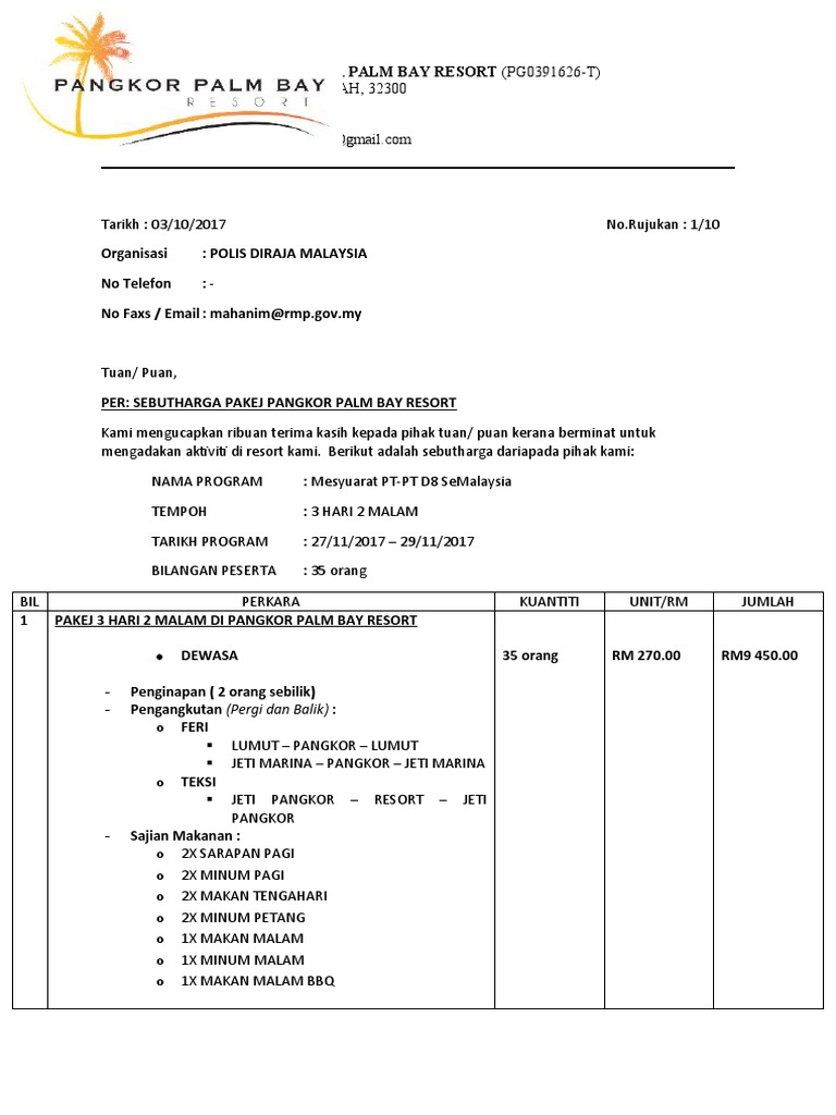 1.10 Surat Rasmi Sebut Harga PDRM | PDF | Memasak, Makanan, & Anggur