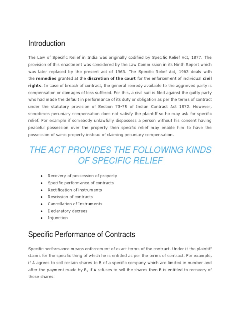 Specific Relief Act | Download Free PDF | Injunction | Legal Remedy