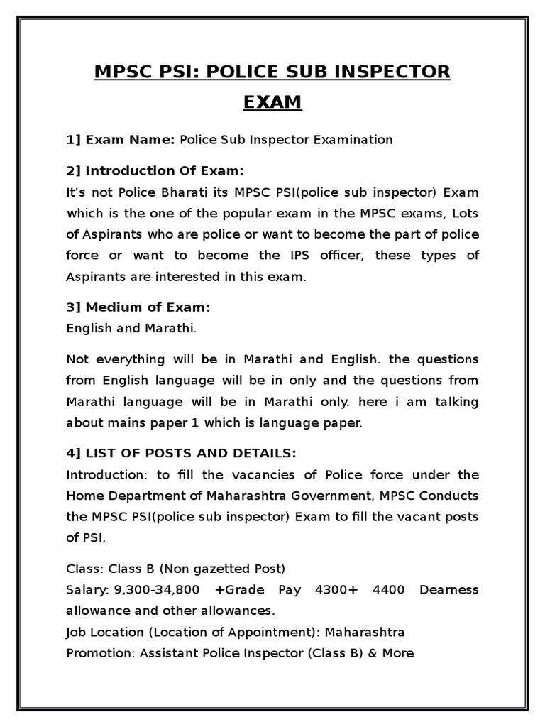MPSC Psi: Police Sub Inspector Exam | PDF | Test (Assessment)
